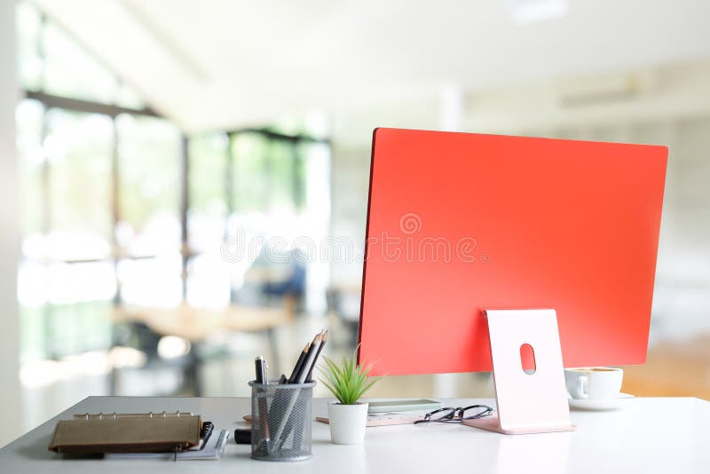 Modern Workplace with Computer, Books, Coffee Cup and Pencil Holder ...