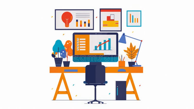 Modern Workplace with Computer and Data Visualization Stock ...