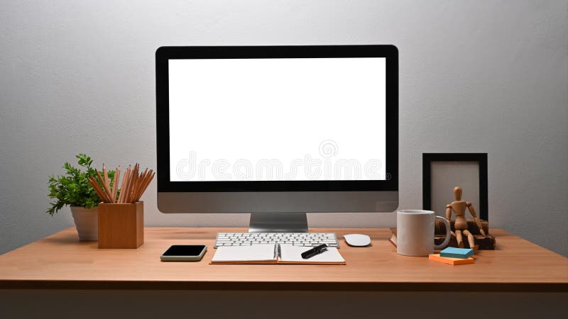 Modern Workplace with Computer, Pencil Holder and Houseplant on Wooden ...