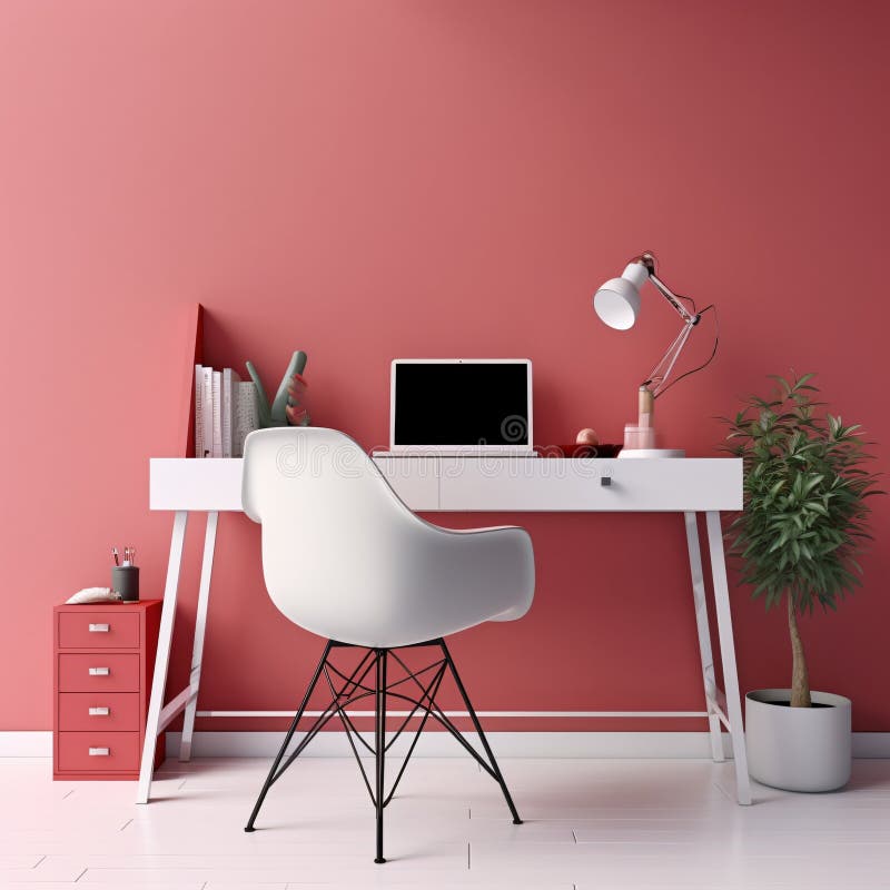 Modern Workplace with Computer on Red Wall. Workplace Concept ...