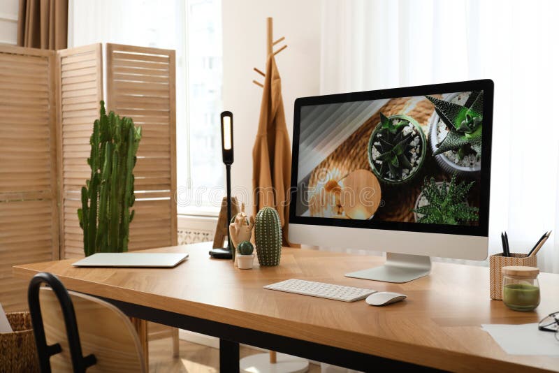 Modern Workplace with Computer in Room Stock Image - Image of ...