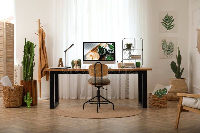 Modern Workplace with Computer in Room. Interior Stock Image - Image of ...