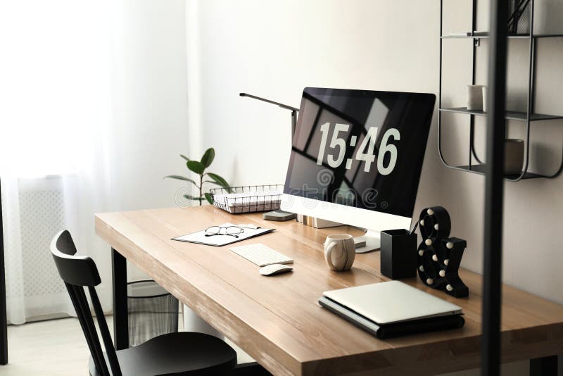 Modern Workplace with Computer in Room. Interior Stock Image - Image of ...