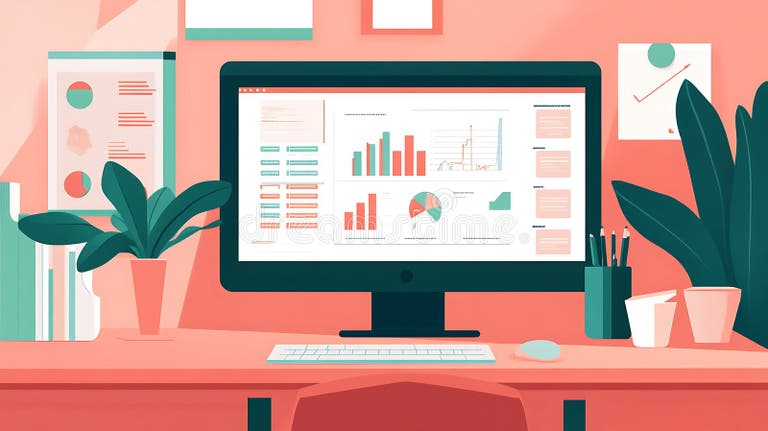 Modern Workplace Data Analytics Displayed on Computer Screen Stock Illustration - Illustration ...