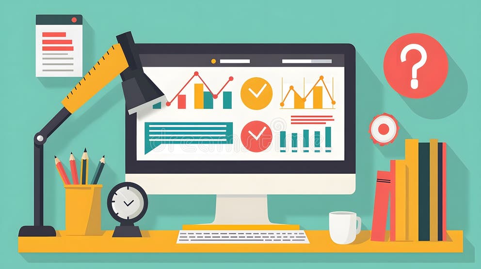 Modern Workplace Desk Setup with Computer Charts and Data Analysis ...