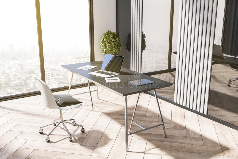 Modern Workplace with Devices in Bright Office Interior with City View ...