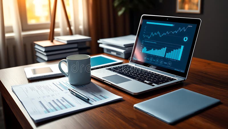 Modern Workplace: Financial Analyst S Desk Setup Stock Illustration ...