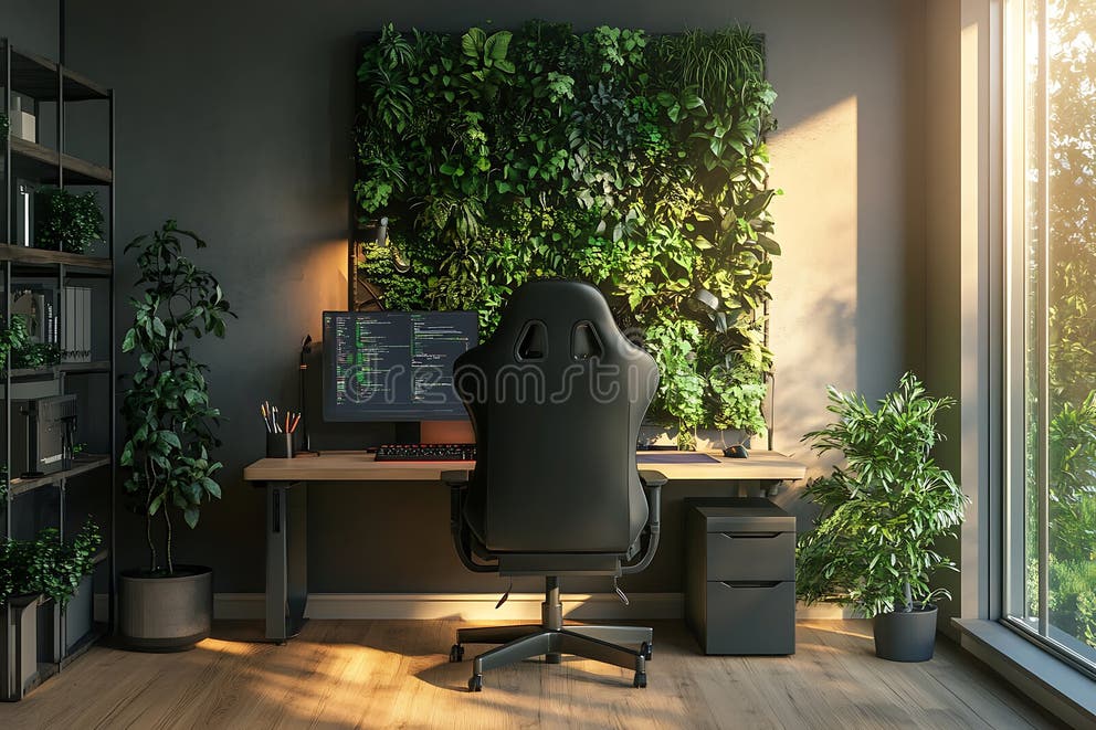 Modern Workplace Gaming Chair Facing Computer, Green Wall, Plants ...