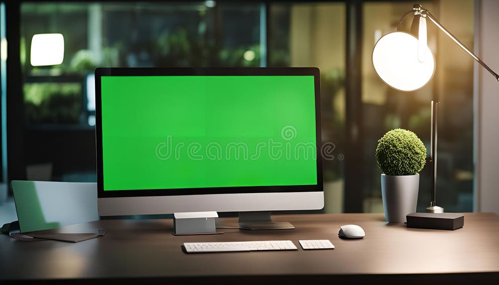 Modern Workplace with Green Screen Computer Stock Photo - Image of ...