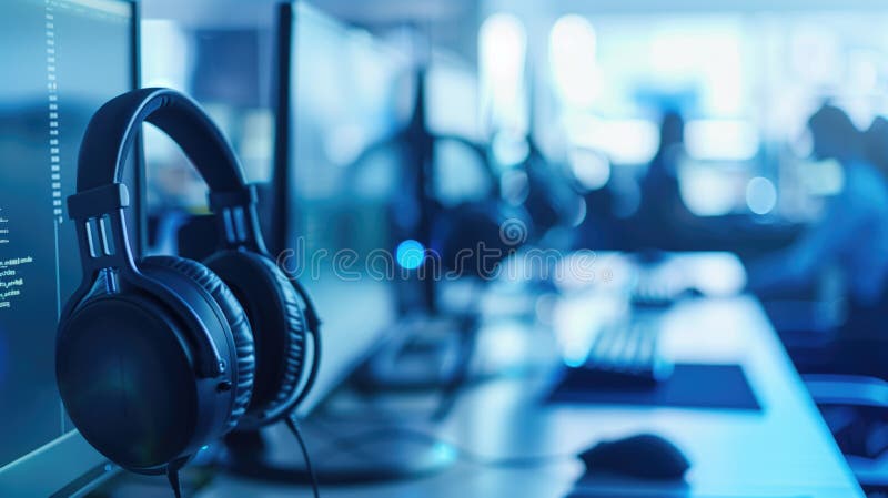 Modern Workplace with Headphones and Computer Screens in a Tech ...