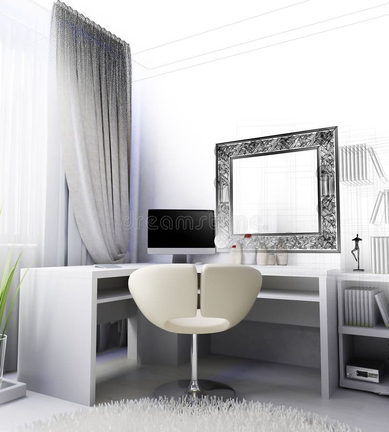 Modern Workplace in Home Interior, 3d Rendering Stock Illustration ...