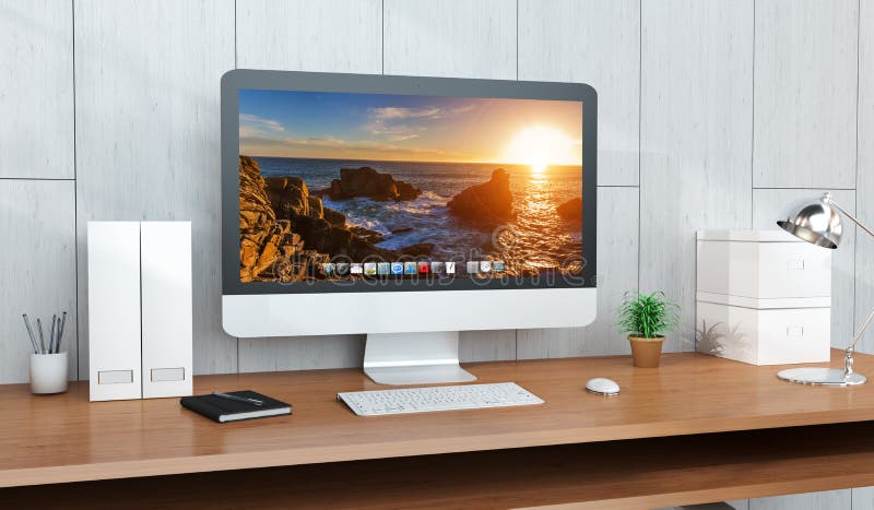 Modern Workplace Interior with Computer and Devices 3D Rendering Stock ...