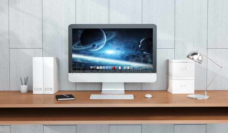 Modern Workplace Interior with Computer and Devices 3D Rendering Stock ...