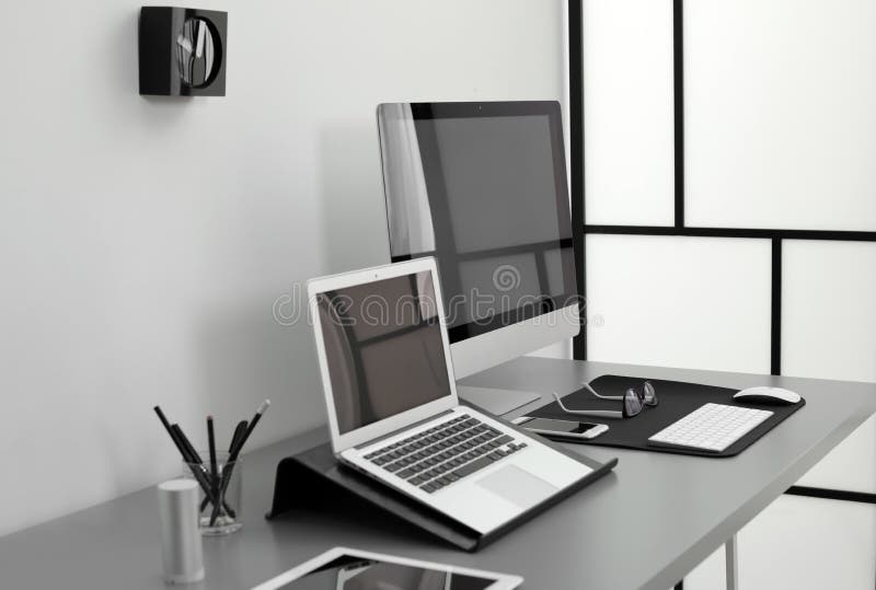 Modern Workplace Interior with Computers on Table. Stock Photo - Image ...