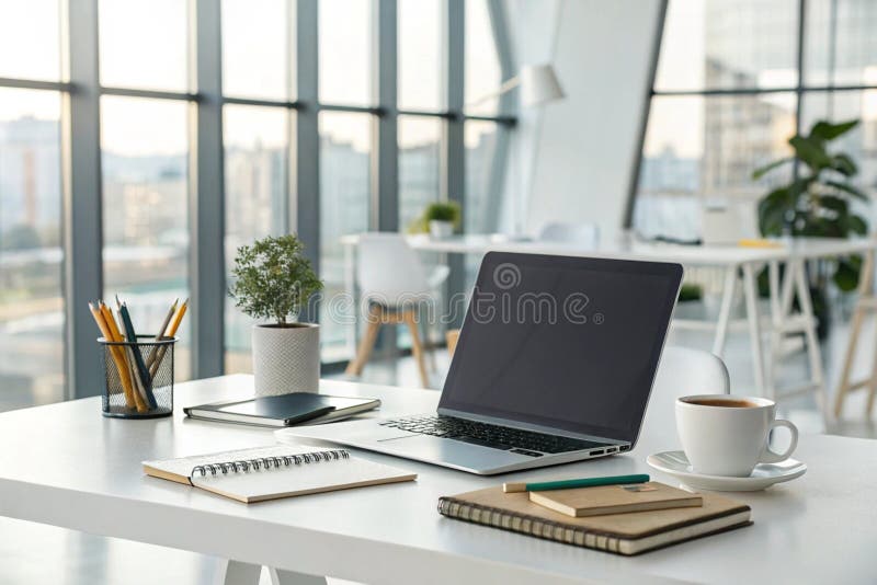 Modern Workplace with Laptop Computer, Coffee Cup and Office Supplies ...
