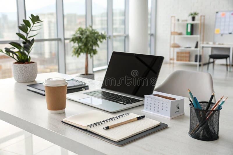 Modern Workplace with Laptop Computer, Coffee Cup and Office Supplies ...