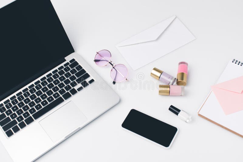 Modern Girly Workplace with Laptop Stock Photo - Image of eyeglasses ...