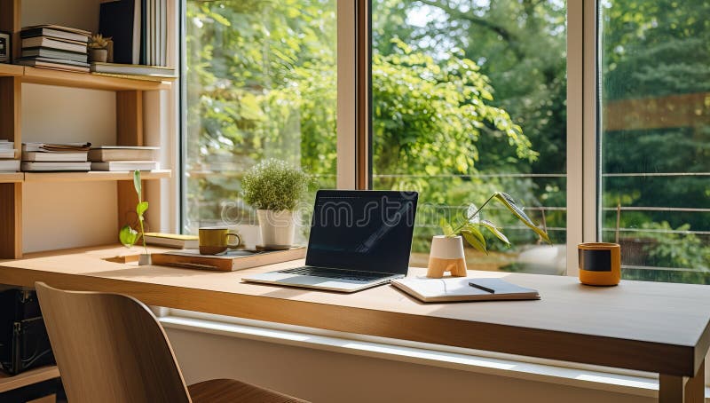 Modern Workplace with Laptop on Wooden Table Near Window. Workplace ...