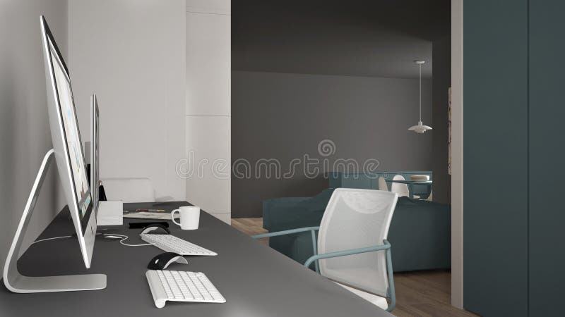 Modern Workplace in Minimalist House, Desk with Computers, Keywords and ...