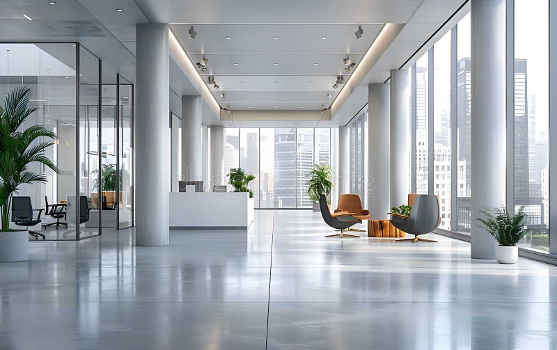 Modern Workplace with Open Space and City View Stock Image - Image of ...