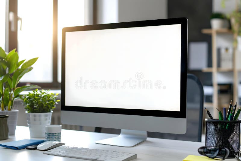 Modern Workplace Setup: Clean Desk with IMac and Plants Stock ...