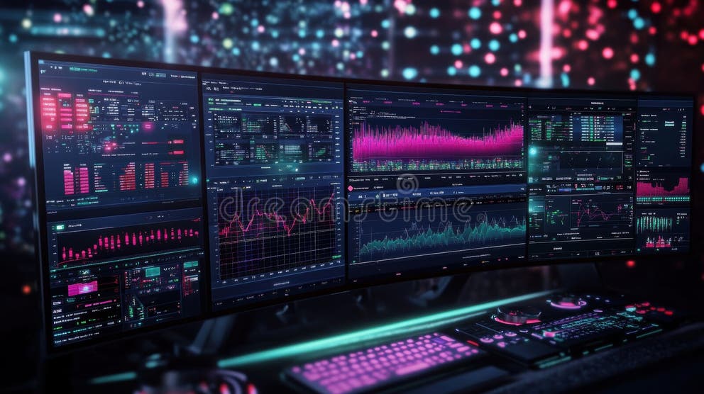 Modern Workplace Showing Financial Data on Multiple Computer Screens ...