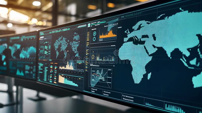 Modern Workplace Showing Global Business Data Analysis On Multiple