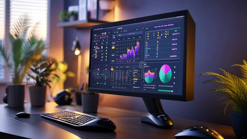 Modern Workplace Showing Graphs and Charts on Computer Screen in ...