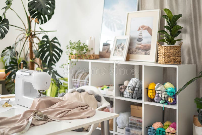 Modern Workplace of Tailor Textile Craft Designer Table with Sewing ...