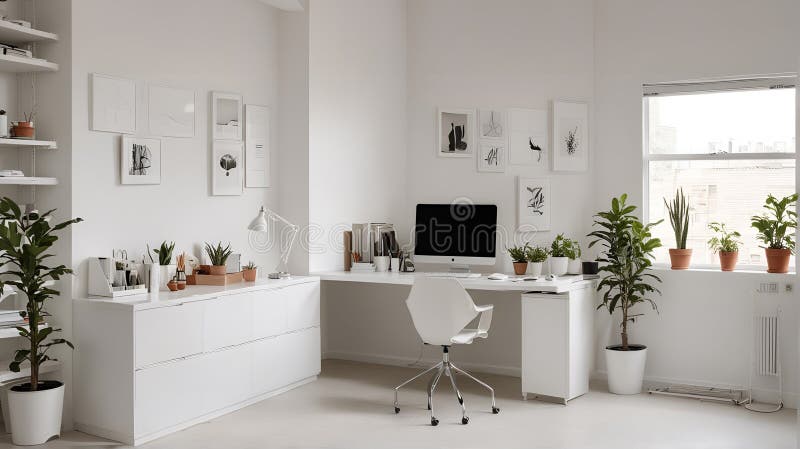 Modern Workroom with a Sleek, White Desk and a Collection of Minimalist ...