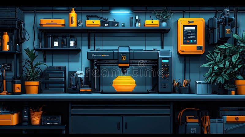Modern Workshop with CNC Machine and Tools in Blue and Orange Color ...
