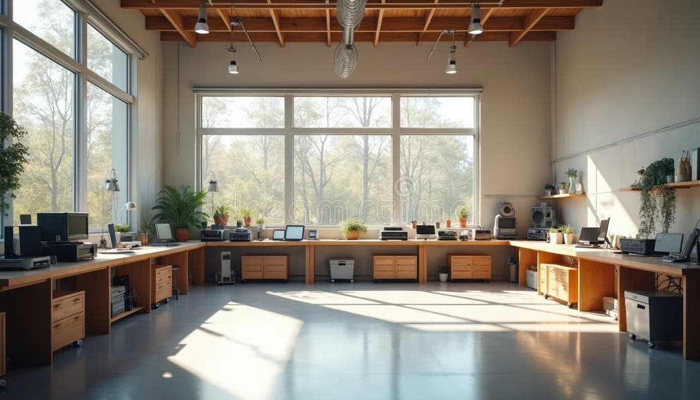 Modern Workshop Interior with Large Windows, Sun Light. Workbenches ...