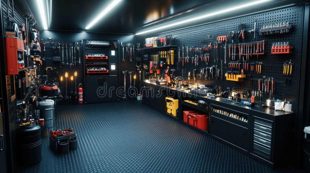 Modern Workshop Interior with Tools and Equipment Displayed on Wall ...