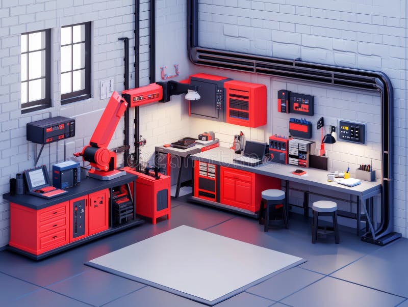 Modern Workshop with Red Accents and Tools Stock Illustration ...