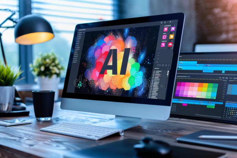 Modern Workspace with AI Graphics on a Laptop, Symbolizing the ...