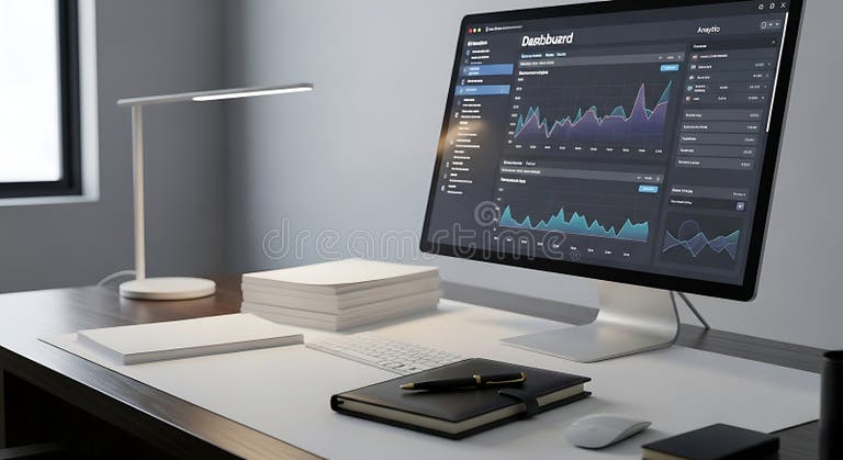 Modern Workspace with Analytics Dashboard Stock Illustration - Illustration of keyboard, monitor ...