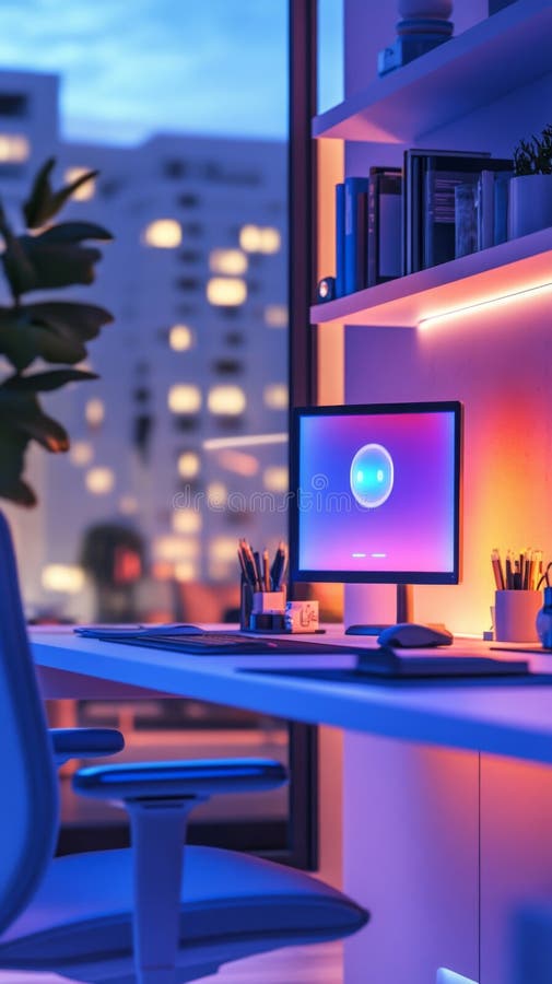A Modern Workspace Bathed in Ambient Light. the Sleek Desk and Computer ...