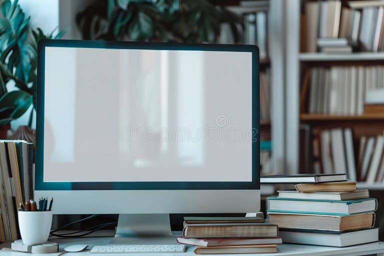 Modern Workspace with Blank Computer Screen and Books Stock ...