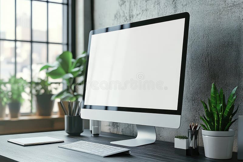 Modern Workspace with Blank Desktop Computer Screen on Desk for Mockup ...