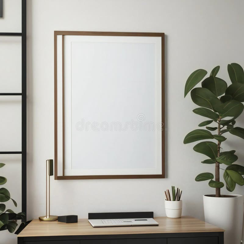 Modern Workspace with Blank Frame, Laptop, and Plant on Desk ...