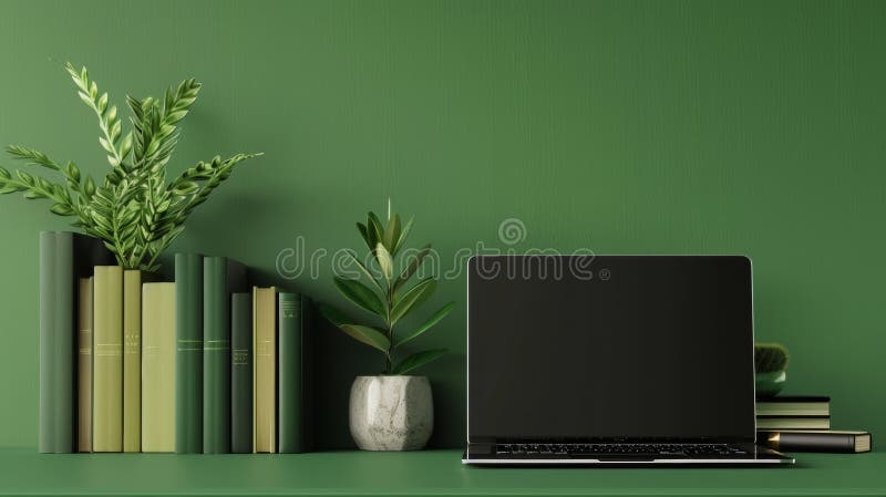 Modern Workspace with Blank Screen Laptop Computer, Books and ...