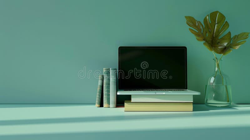 Modern Workspace with Blank Screen Laptop Computer, Books and ...