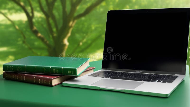 Modern Workspace with Blank Screen Laptop Computer, Books and ...