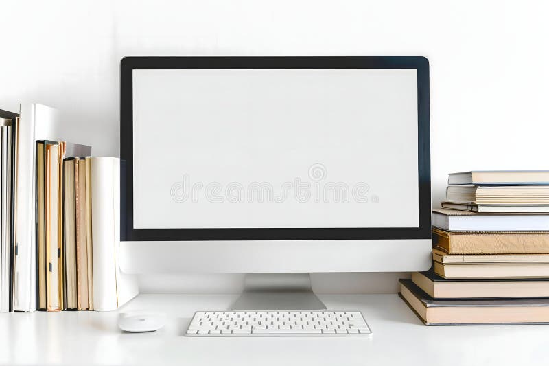 Modern Workspace: Books, Computer, and Minimalist Desk Setup Stock ...