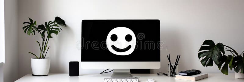 Modern Workspace with a Cheerful Computer Screen Expression Opens New ...