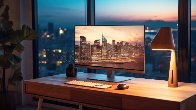 Modern Workspace with Cityscape on Computer Screen Stock Illustration ...