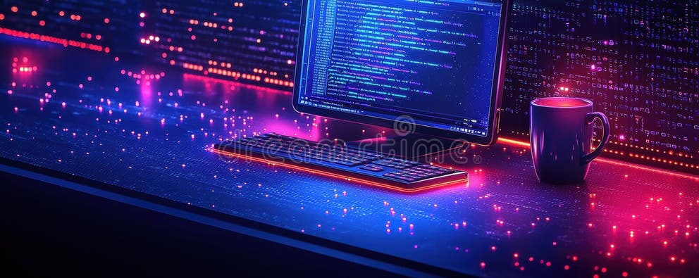 Modern Workspace with Coding on Screen in Neon Lighting Ambiance Stock ...