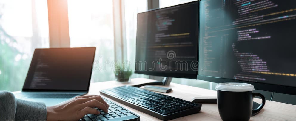 The Modern Workspace with Coding Screens and Laptop Setup..AI Generated ...