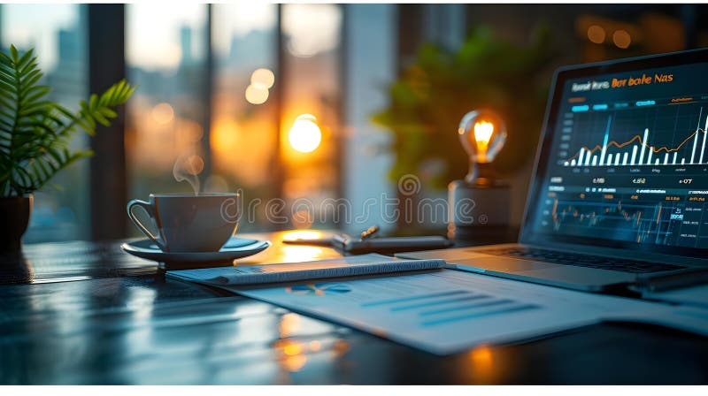 Modern Workspace with Coffee and Market Analysis - Evening Edition ...