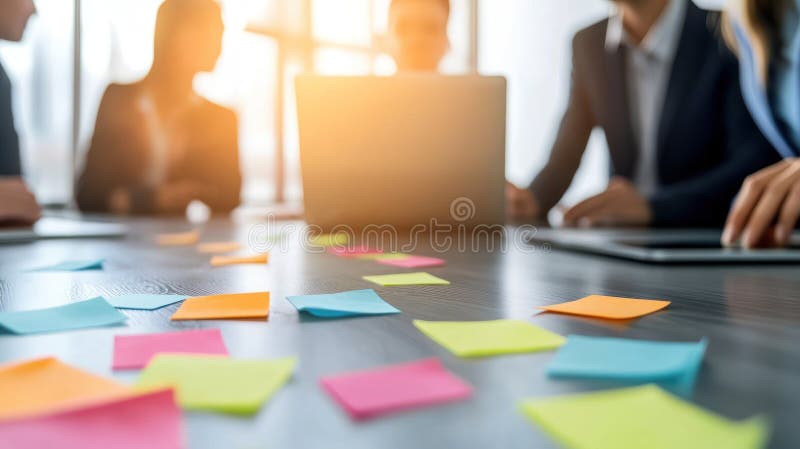 Modern Workspace with Collaborative Brainstorming Using Colorful Sticky ...